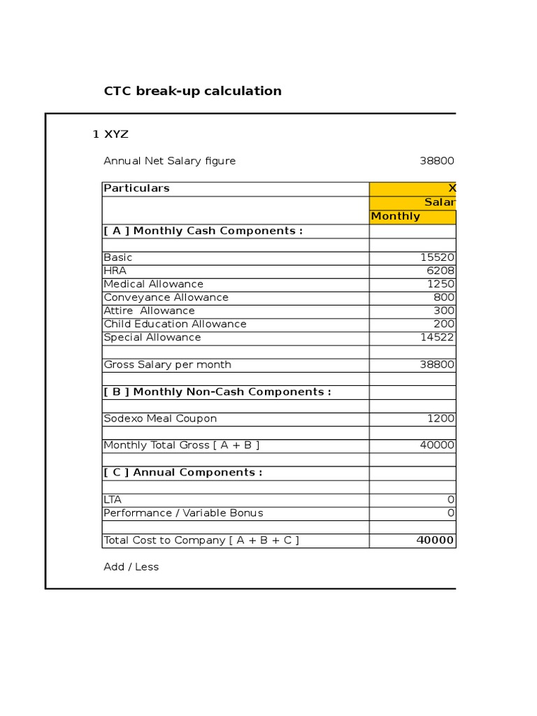 Ctc Break Up Calculation For Annual Salary Of Rs 38800 Pdf