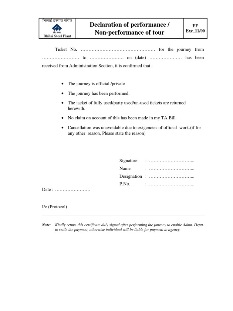 Exe - 11 Declaration of Tour | PDF