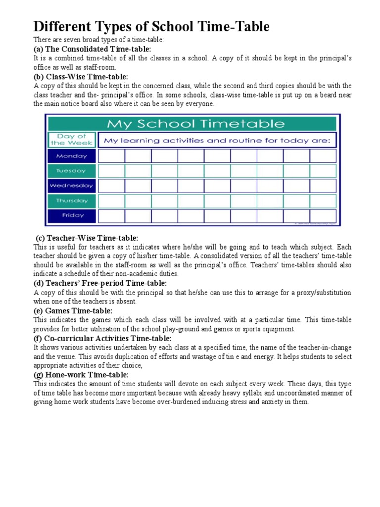 Types of School Time Table | PDF