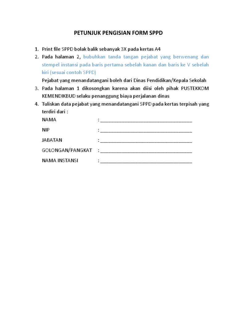 Petunjuk Pengisian Form SPPD | PDF