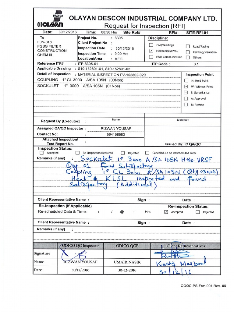 Material Rfi & Hydro Test Report | PDF