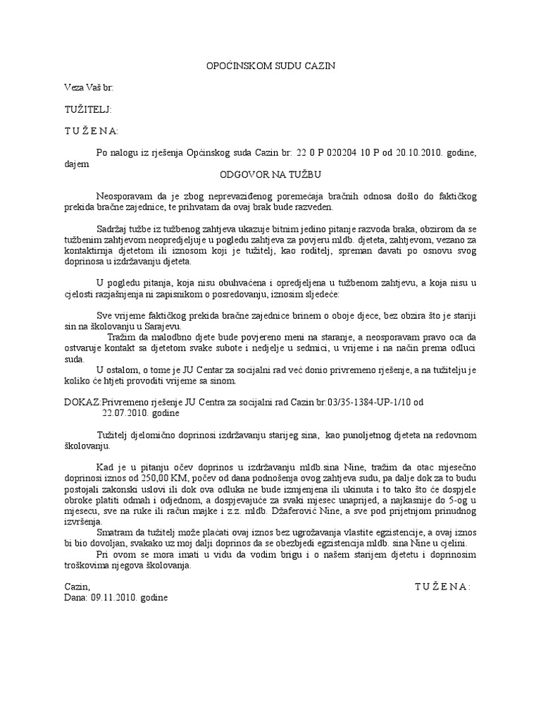 Odgovor Na Tužbu-Razvod Braka