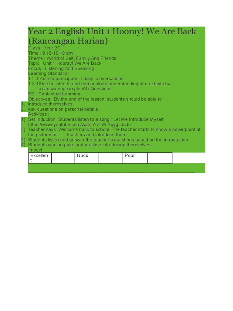 Year 2 English Unit: Hooray! We Are Back | PDF | Language Arts & Discipline