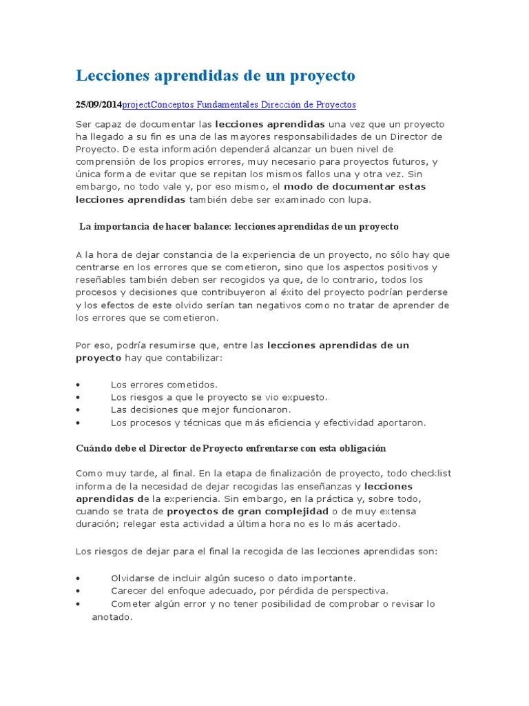 Lecciones Aprendidas de Un Proyecto | PDF | Cognición | Science