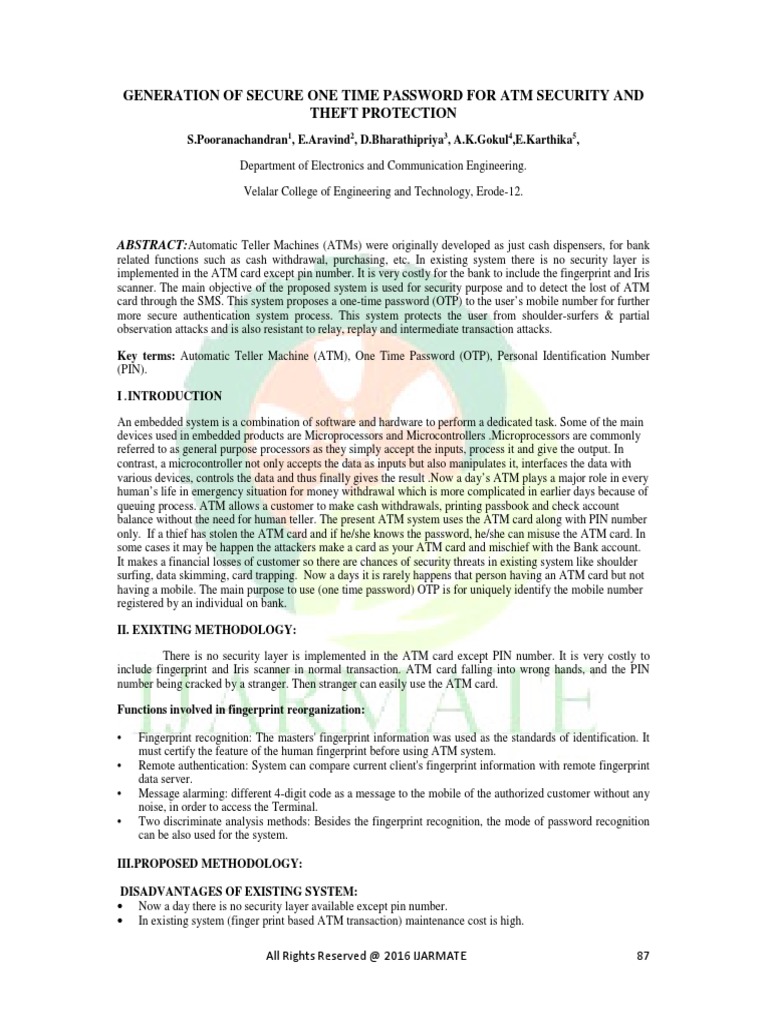 ATM Security With RFID and One Time Password | PDF | Automated Teller ...