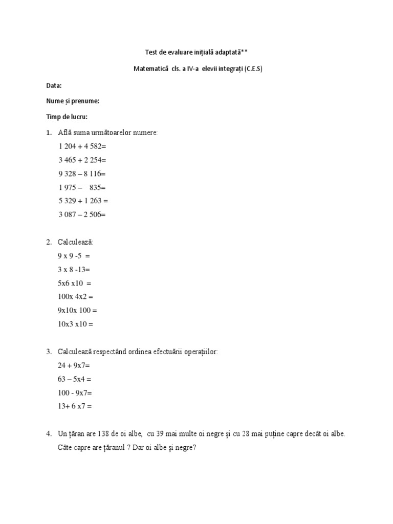 Teste de Evaluare Initial Matematica Cls A IV A | PDF