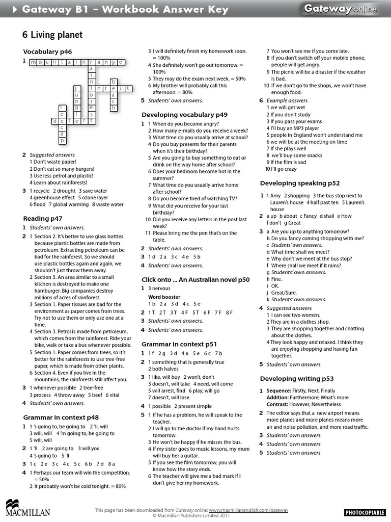 Gateway Unit - 6 Workbook Key | PDF | Rainforest | Nature