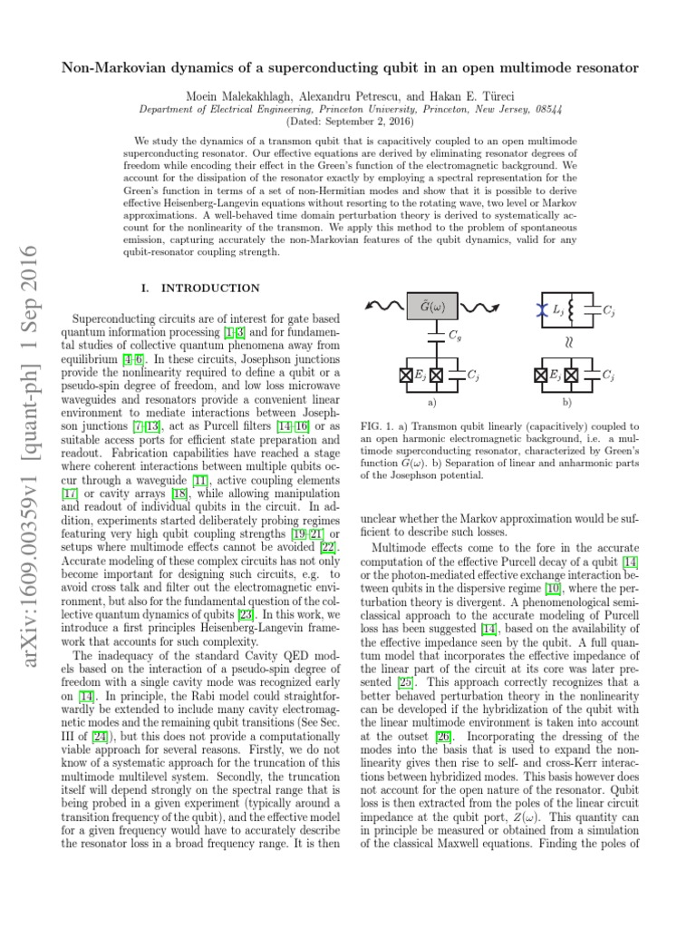 Non-Markovian Dynamics of A Superconducting Qubit in An Open Multimode Resonator | PDF ...