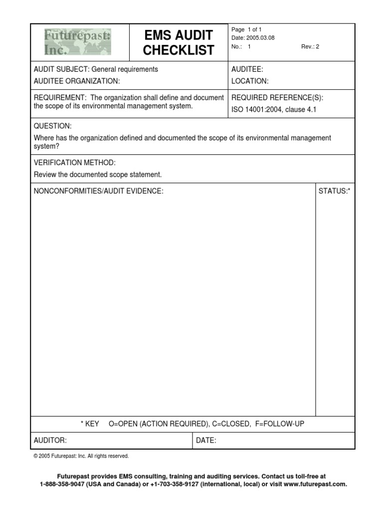 Ems Audit Checklist: Page 1 of 1 Date: 2005.03.08 No.: 1 Rev.: 2 | PDF ...