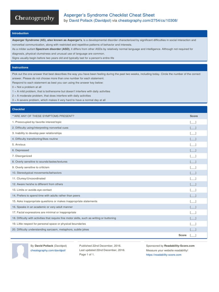 Asperger's Syndrome Checklist Cheat Sheet | PDF