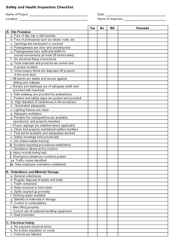 Safety and Health Inspection Checklist: A. Site Premises | Download ...