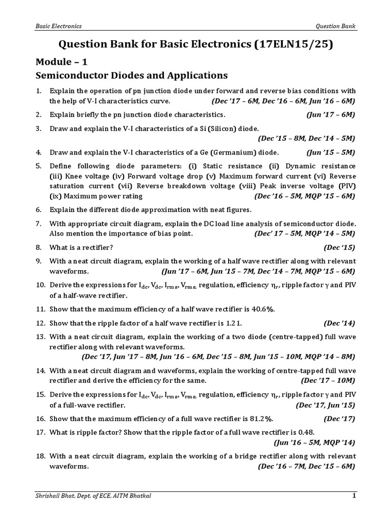 Basic Electronics - Question Bank PDF | PDF | Rectifier | Operational ...