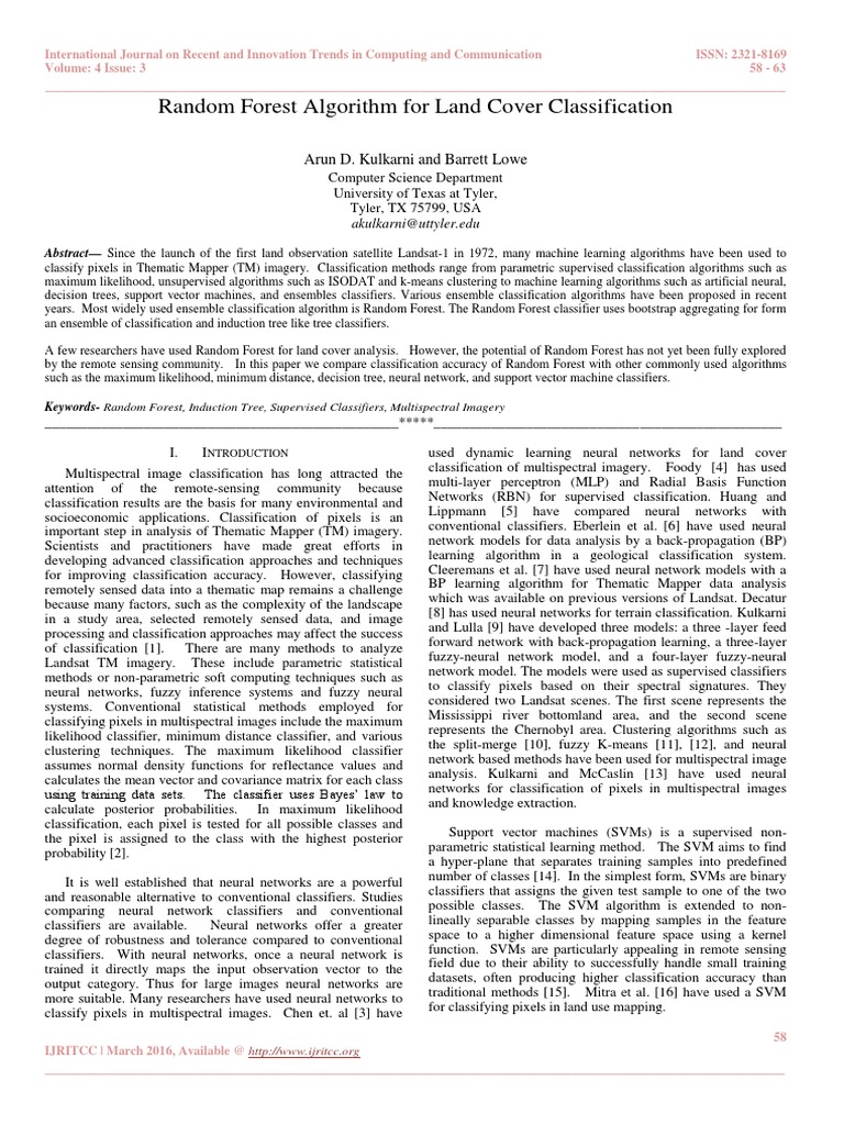 Random Forest Algorithm For Land Cover Classification: Arun D. Kulkarni ...