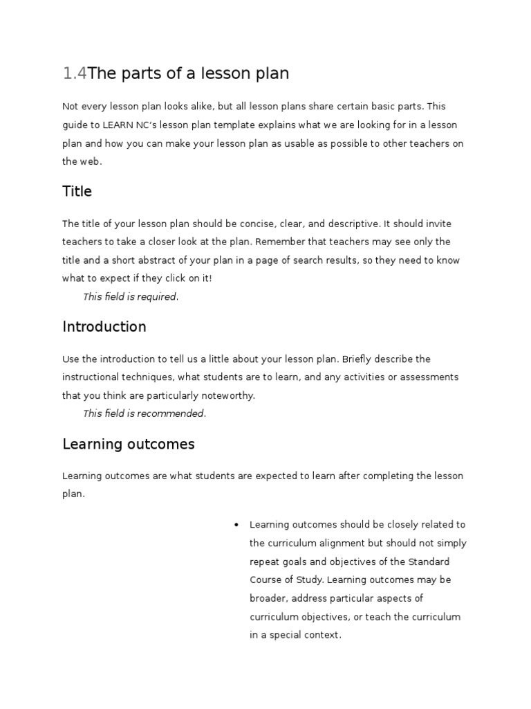 Parts of Lessonplan | PDF | Lesson Plan | Educational Assessment