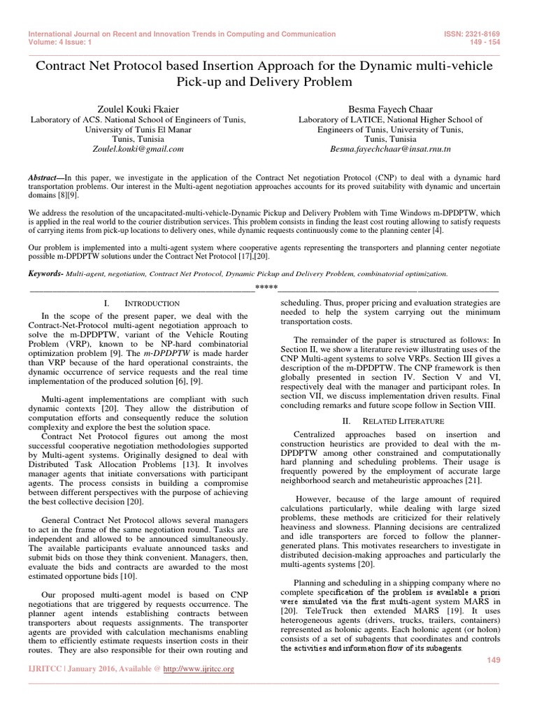 Contract Net Protocol Based Insertion Approach For The Dynamic Multi ...