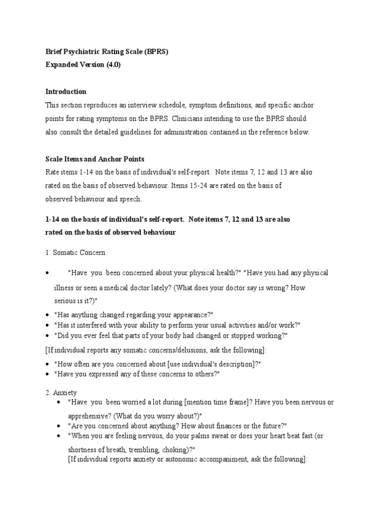 Brief Psychiatric Rating Scale Question | PDF | Psychiatric Diseases ...
