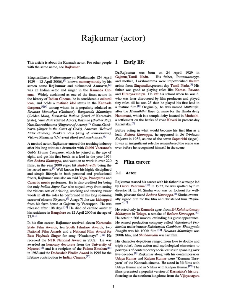 Rajkumar (Actor) | PDF | Entertainment Award | Cinema