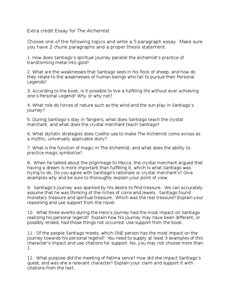 The Alchemist Essay Topics Guide | PDF | Social Science | General Fiction