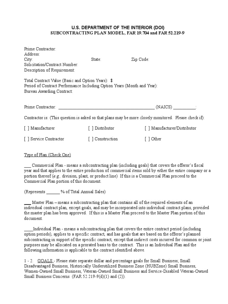 026 Subcontracting Plan Model | PDF | General Contractor | Offer And ...
