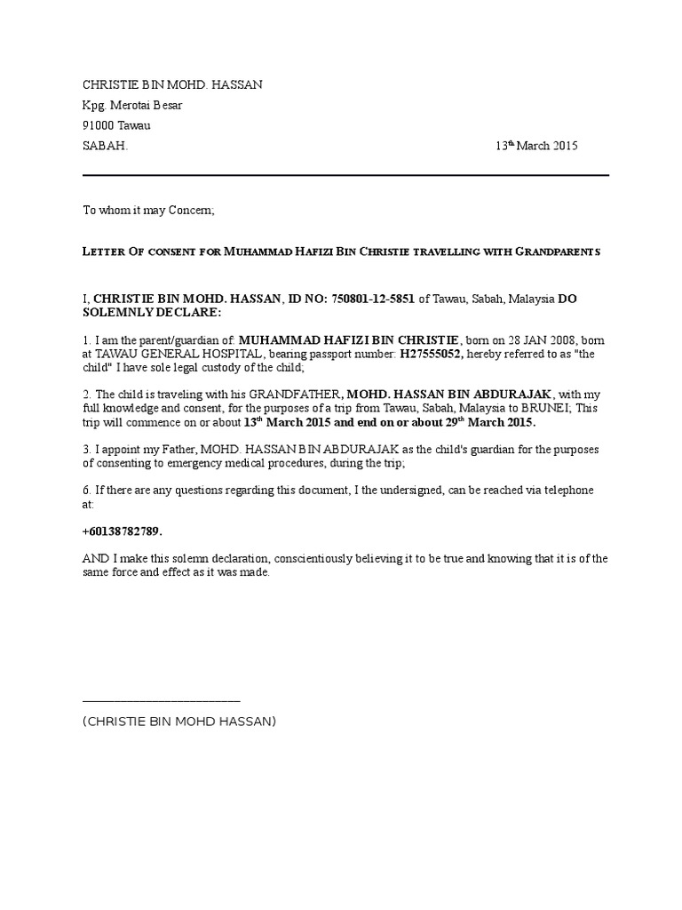 Consent Letter for Child's Travel | PDF