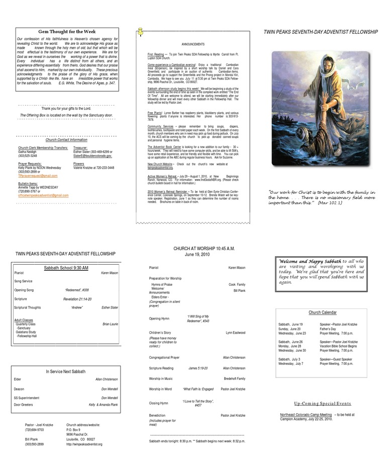 Twin Peaks SDA Bulletin For June 19-2010 | PDF | Sabbath | Seventh Day ...
