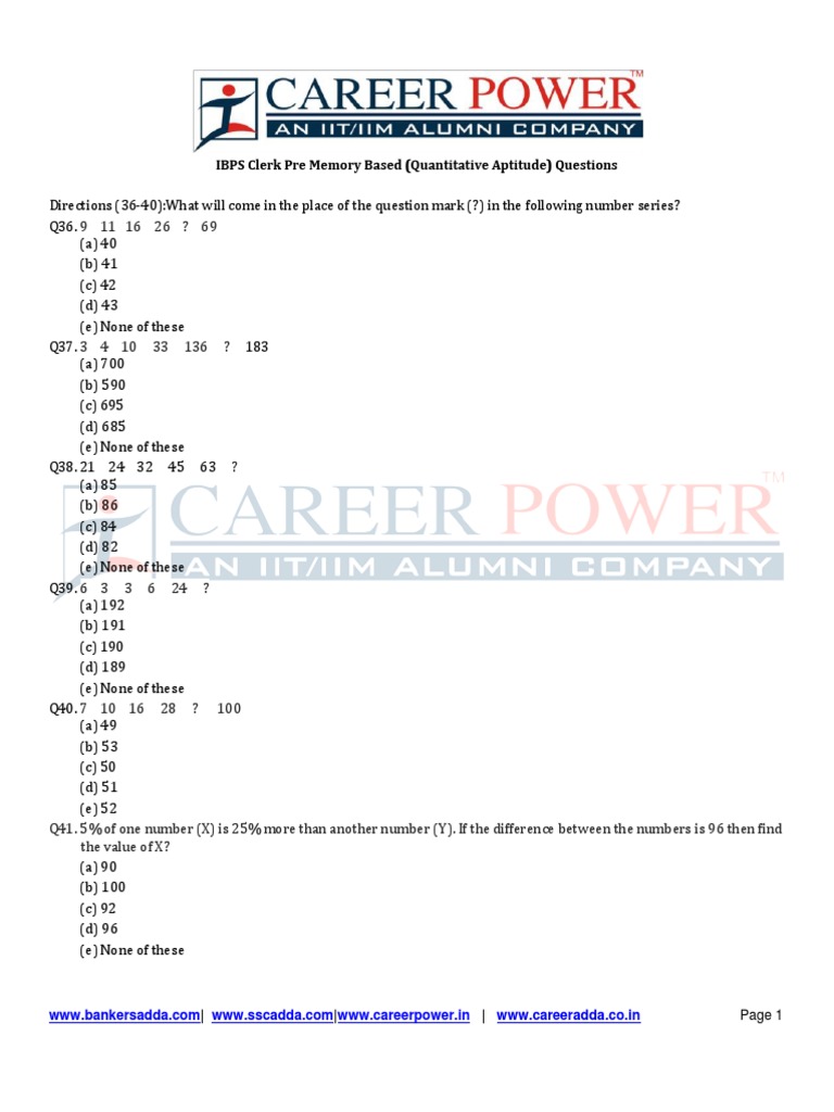 IBPS Clerk Pre Memory Based Quantitative Aptitude Question | PDF ...
