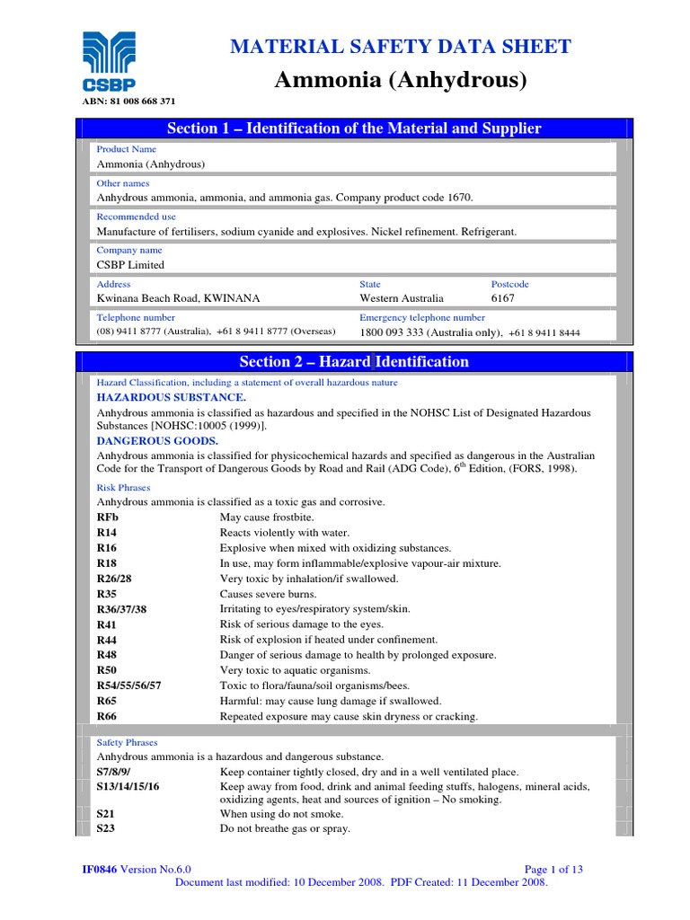 Ammonia (Anhydrous) MSDS PDF | PDF | Ammonia | Dangerous Goods