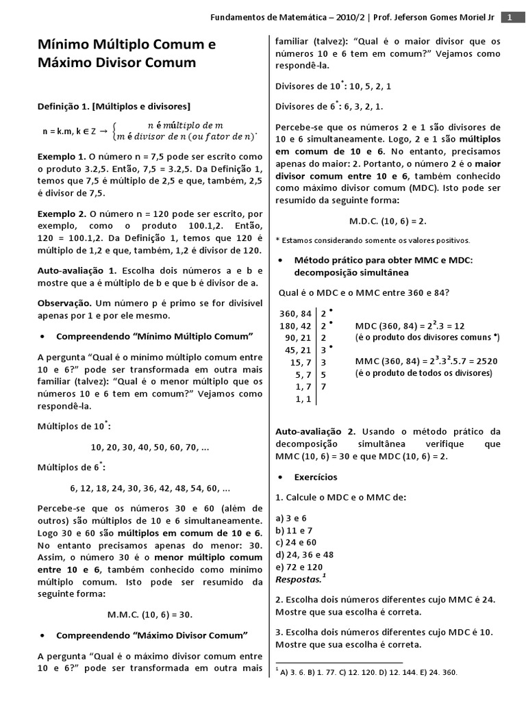 Apostila de MMC e MDC PDF | PDF | Fração (Matemática) | Números