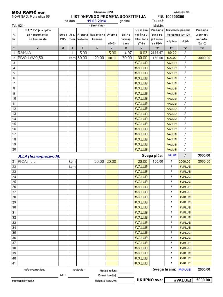 Obrazac DPU SANK LISTA Pice Hrana Formule | PDF
