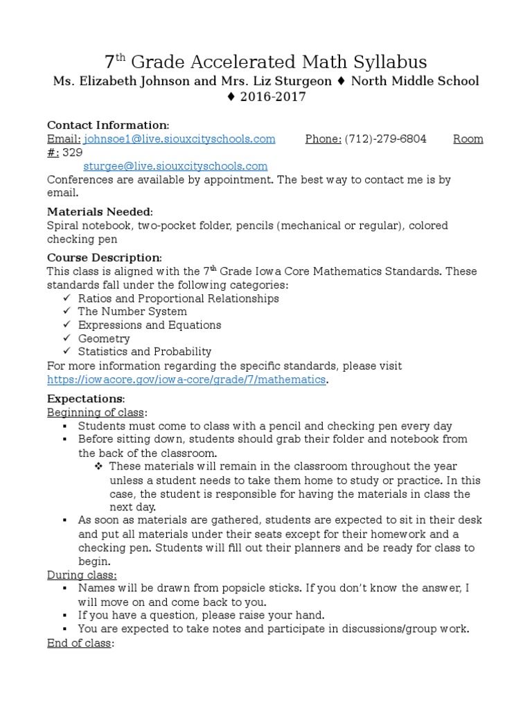 7th Grade Math Syllabus 2016-2017 | PDF | Homework | Education Theory