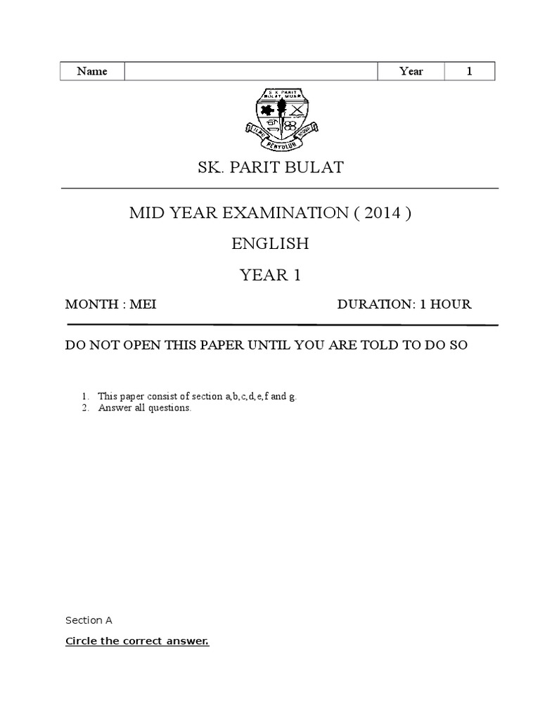 Sk. Parit Bulat Mid Year Examination (2014) English Year 1 | PDF