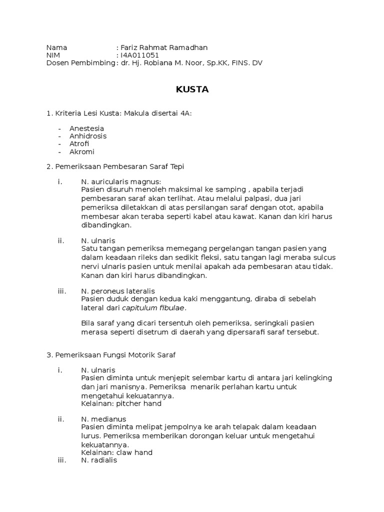 TUGAS Pemeriksaan Fisik Kusta, Klasifikasi (Terapi, RFT, RFC) | PDF ...