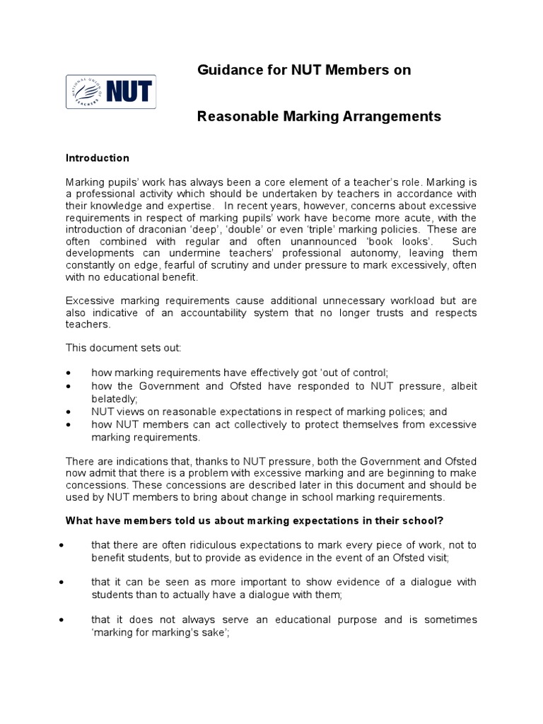 NUT Marking Guidance Mar 2015 | PDF | Teachers | Learning