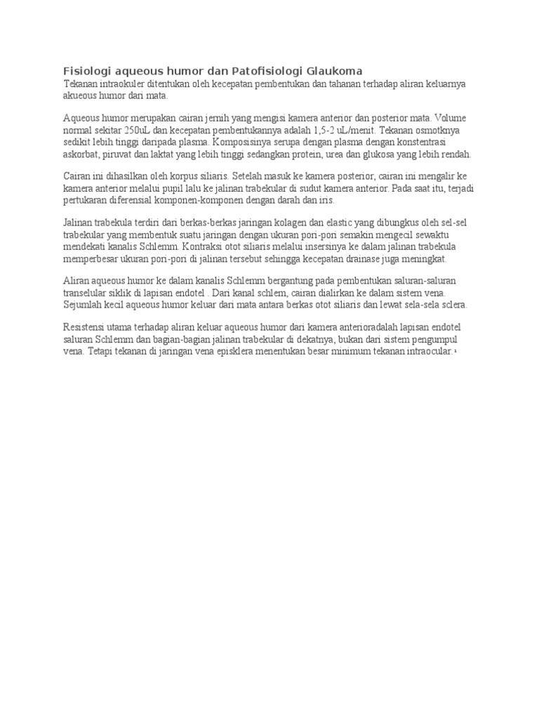 Fisiologi Aqueous Humor Dan Patofisiologi Glaukoma | PDF
