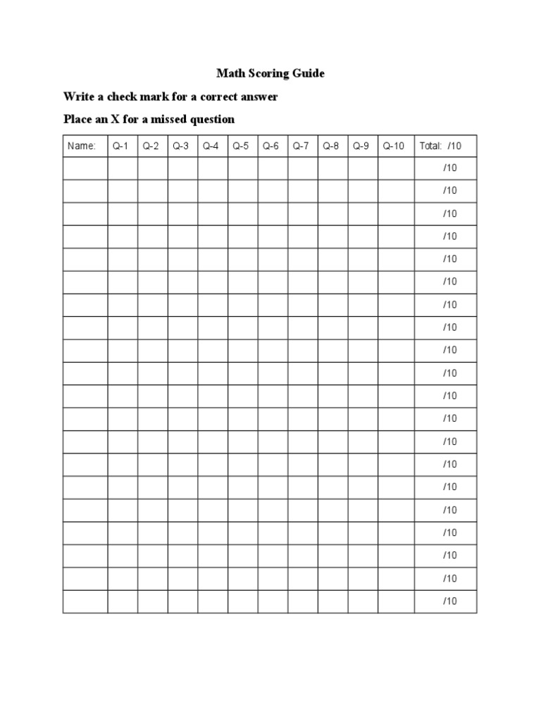 Math Scoring Guide Write A Check Mark For A Correct Answer Place An X ...