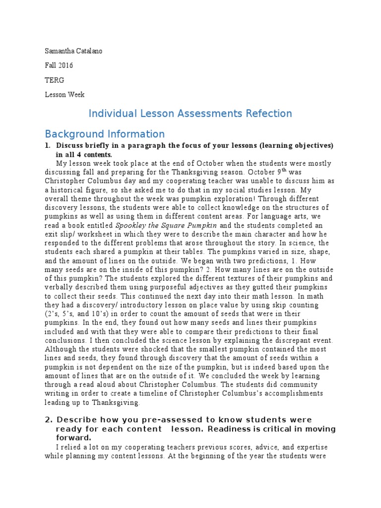 Individual Lesson Assessments Refection Background Information | PDF ...