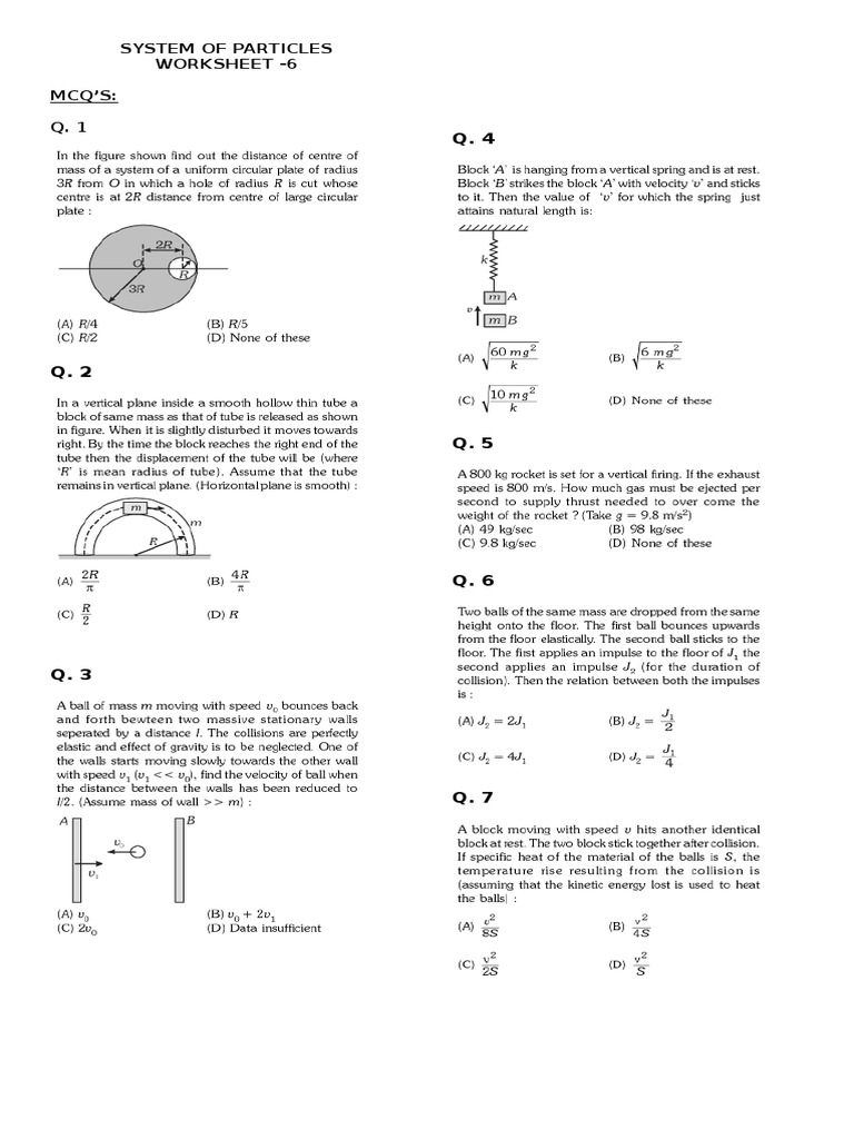 Multiple Choice Questions on Systems of Particles with Answers | PDF