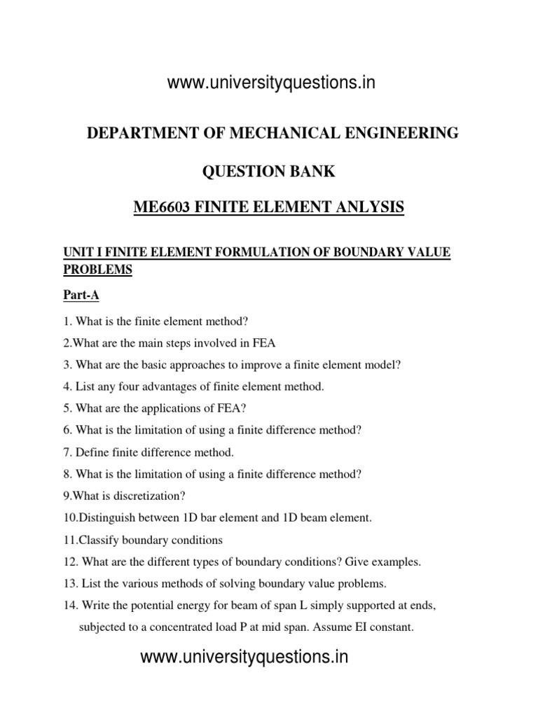 Me 6603 Finite Element Analysis Question Bank Pdf Finite Element Method Thermal Conduction