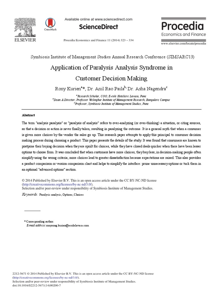 Application Of Paralysis Analysis Syndrome In Customer Decision Making