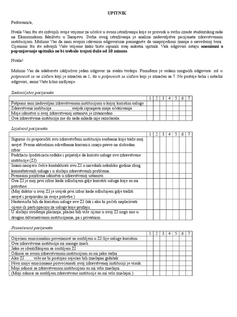 Upitnik Zadovoljstvo Pacijenata ZI | PDF