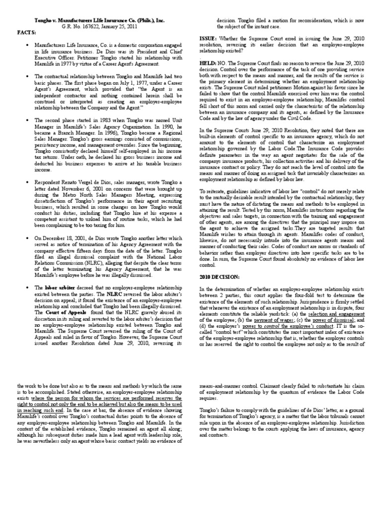 Tongko Vs Manufacturers | PDF | Law Of Agency | Employment