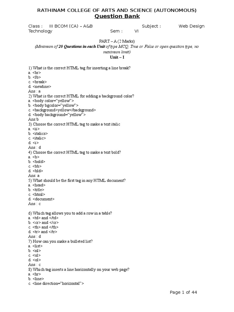 Web Design Question Bank Original | PDF | Java Script | Dynamic Web Page