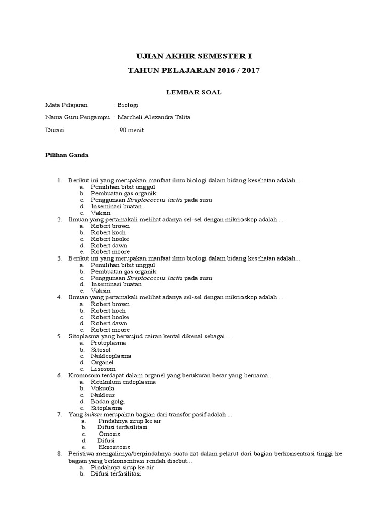 Latihan Soal Biologi (Uas) | PDF