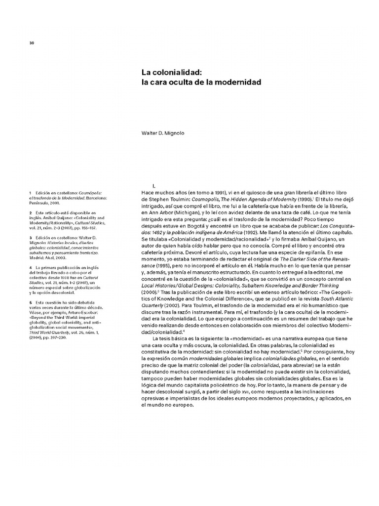 La Colonialidad: La Cara Oculta de La Modernidad | PDF