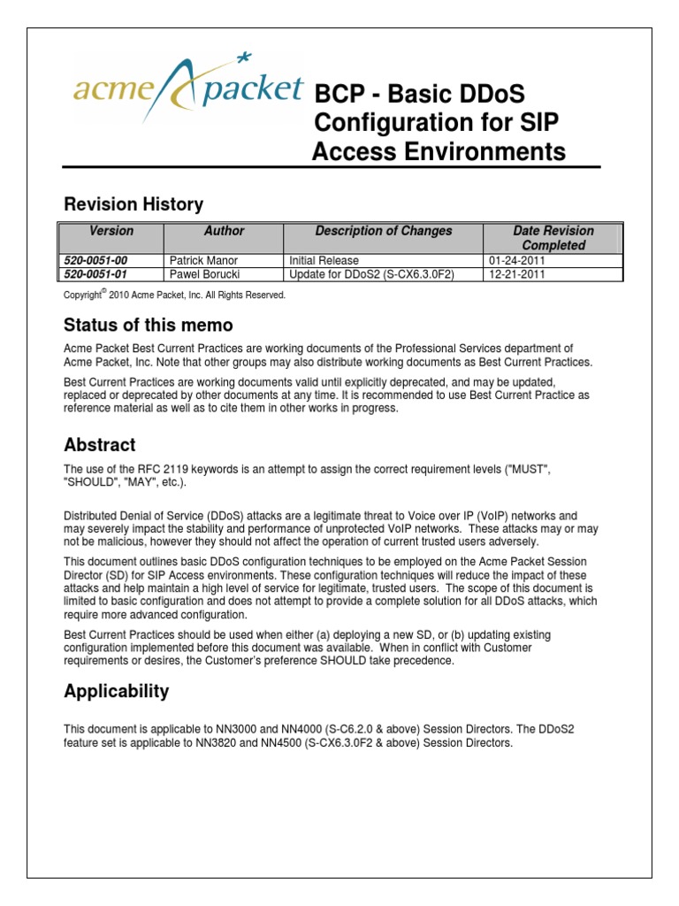 520-0051-01 BCP - Basic DDoS Configuration For SIP Access Environments | PDF | Denial Of Service ...