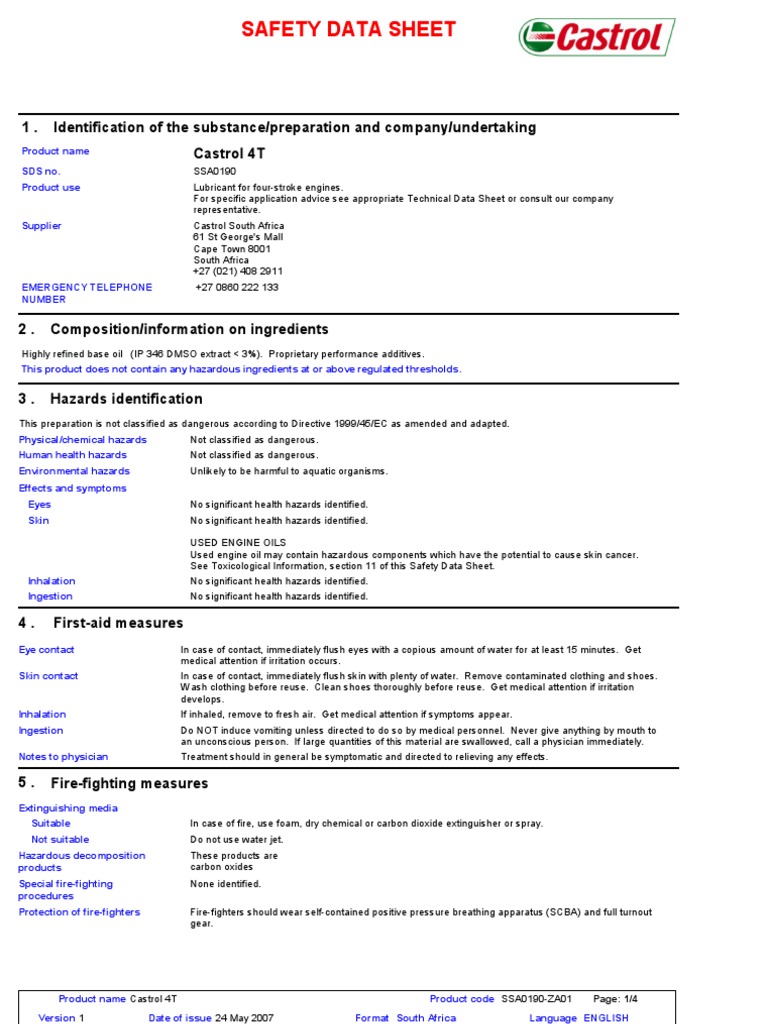 Castrol 4T Safety Data Sheet | PDF