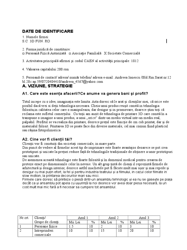 Model Concurs PLAN de AFACERI Start Up | PDF