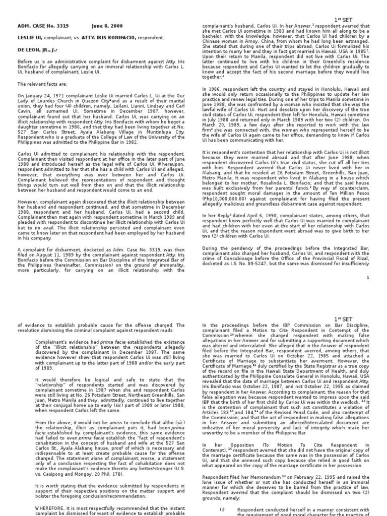 ADM. CASE No. 3319 June 8, 2000 LESLIE UI, Complainant, vs. ATTY. IRIS ...