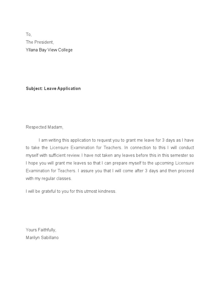 Yllana Bay View College: Subject: Leave Application | PDF