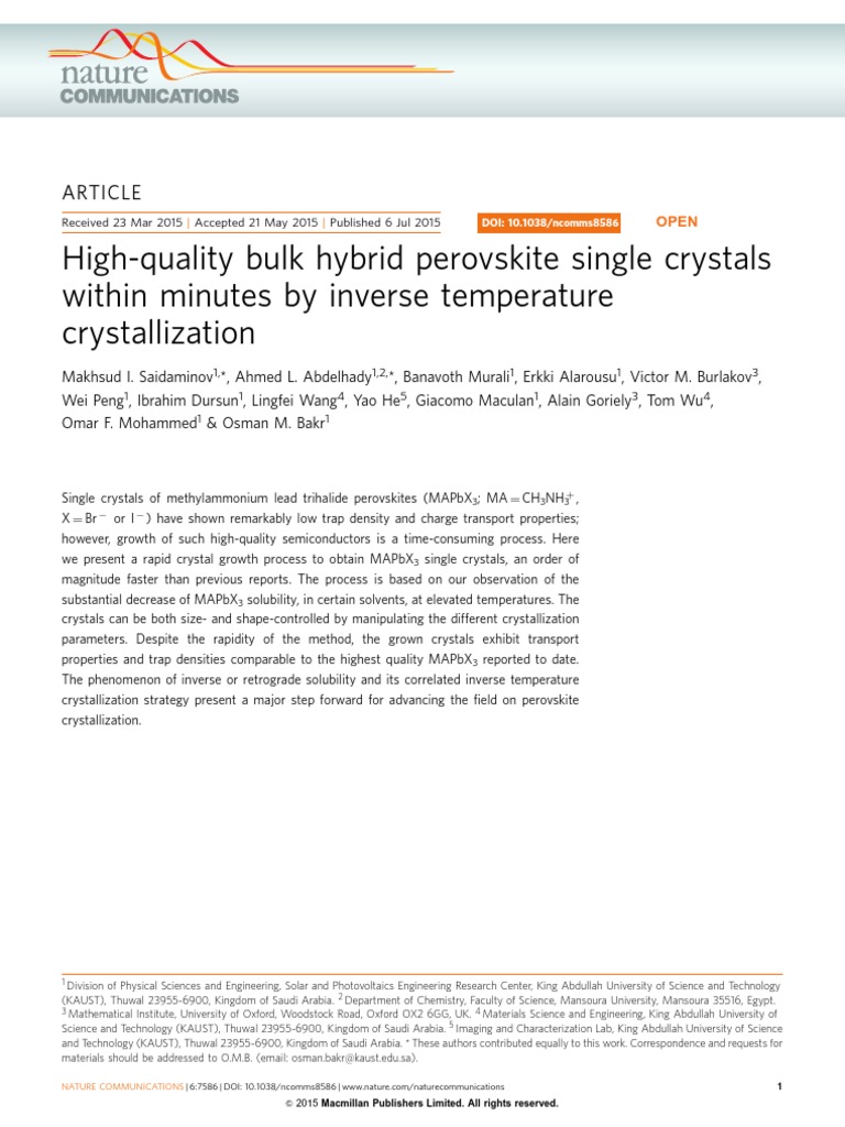 High-Quality Bulk Hybrid Perovskite Single Crystals Within Minutes by ...